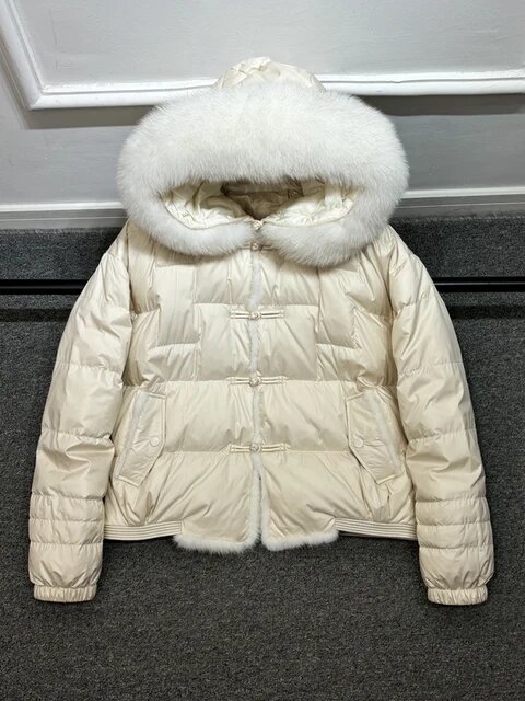 MOOCIE Lagabogy 2025 Зимняя женская белая утиная пуховая куртка с воротником из натурального меха лисы и норки, короткая теплая женская стеганая куртка, винтажная парка с капюшоном