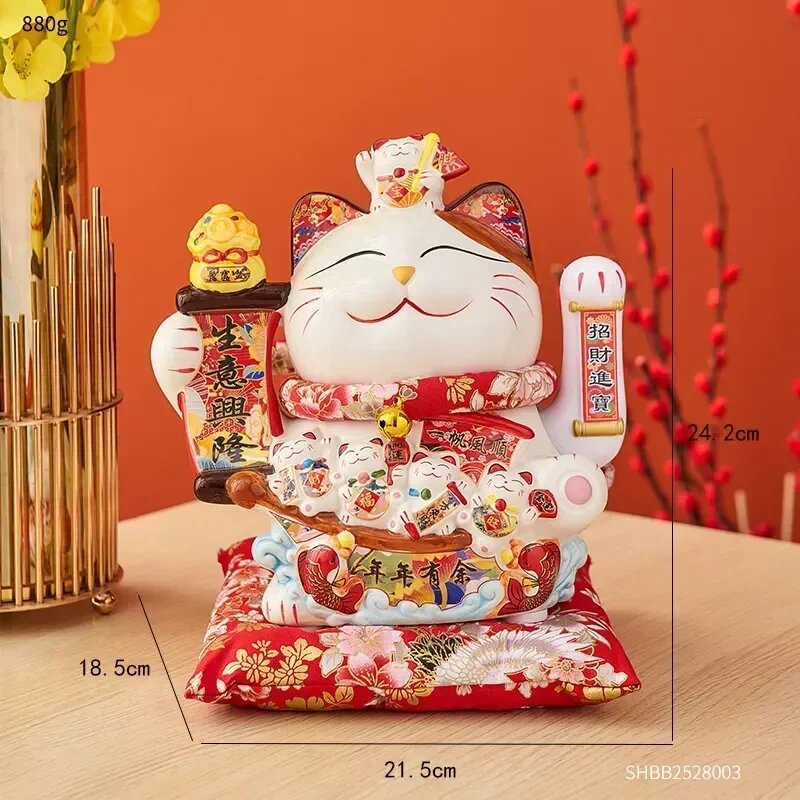 Керамическая Манеки Неко Lucky Cat, домашний декор, размахивающаяся рука кошки, фэн-шуй, керамическая статуя кота удачи, каваи, аксессуары для декора комнаты, Height 24.2cm 9.5in