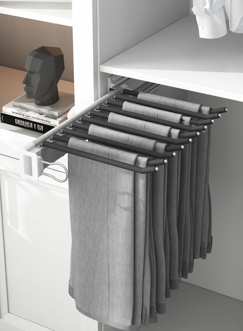 Брючница выдвижная полка для брюк на левую /правая сторону шкафа на 46см с 10 делениями и вставкой из экокожи на лицевой панели, Черный