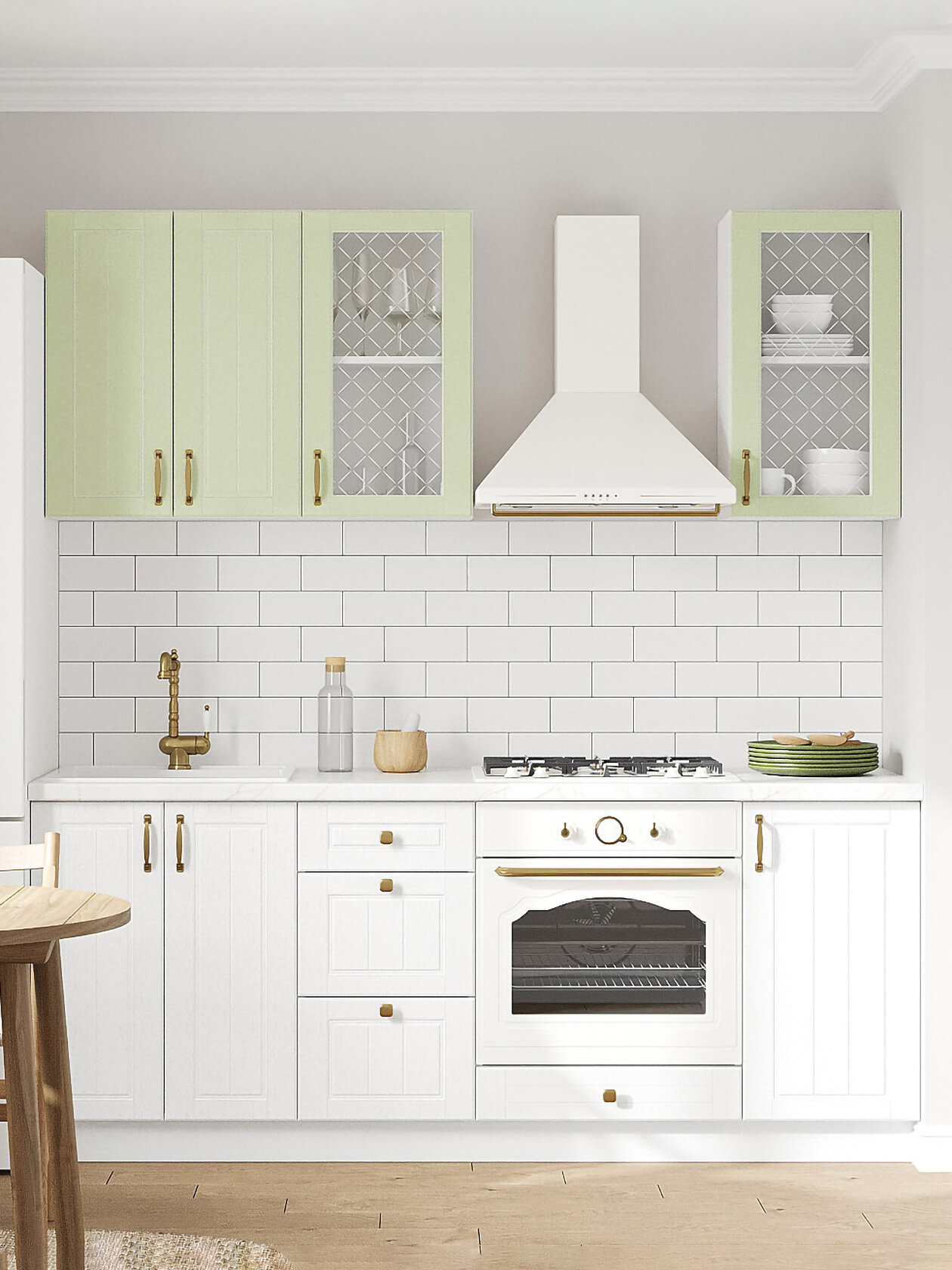 Кухонный гарнитур Флоренс 2 м, мебель для дома и кухни, Белый / Фисташковый структурный со стеклом / Белый текстурный