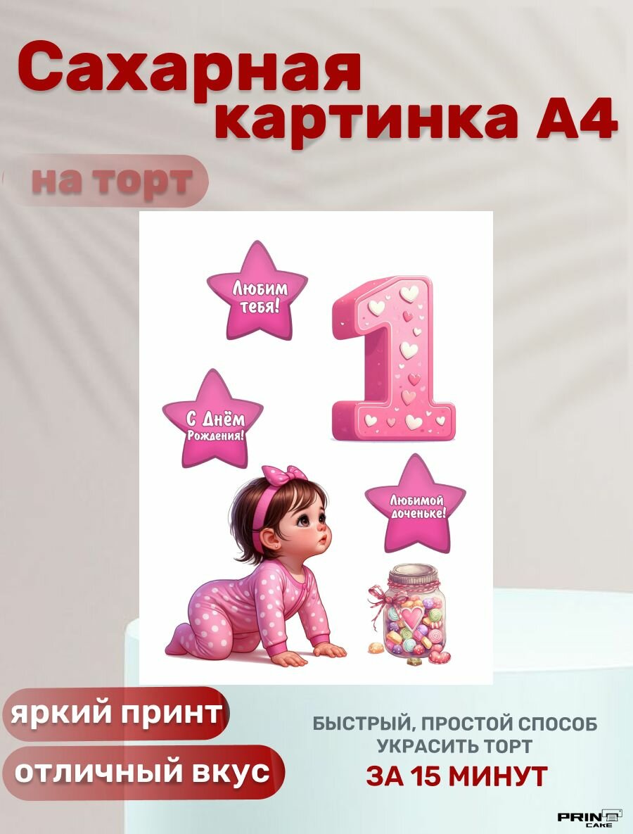 Сахарная картинка для торта на 1 годик Девочке . Декор для выпечки, украшения для торта ребенку.