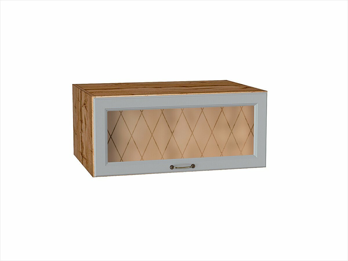 Шкаф верхний горизонтальный остекленный глубокий Ницца, цвет фасада Графит, цвет каркаса Дуб Вотан, стекло White Сrystal, 358*800*574 мм