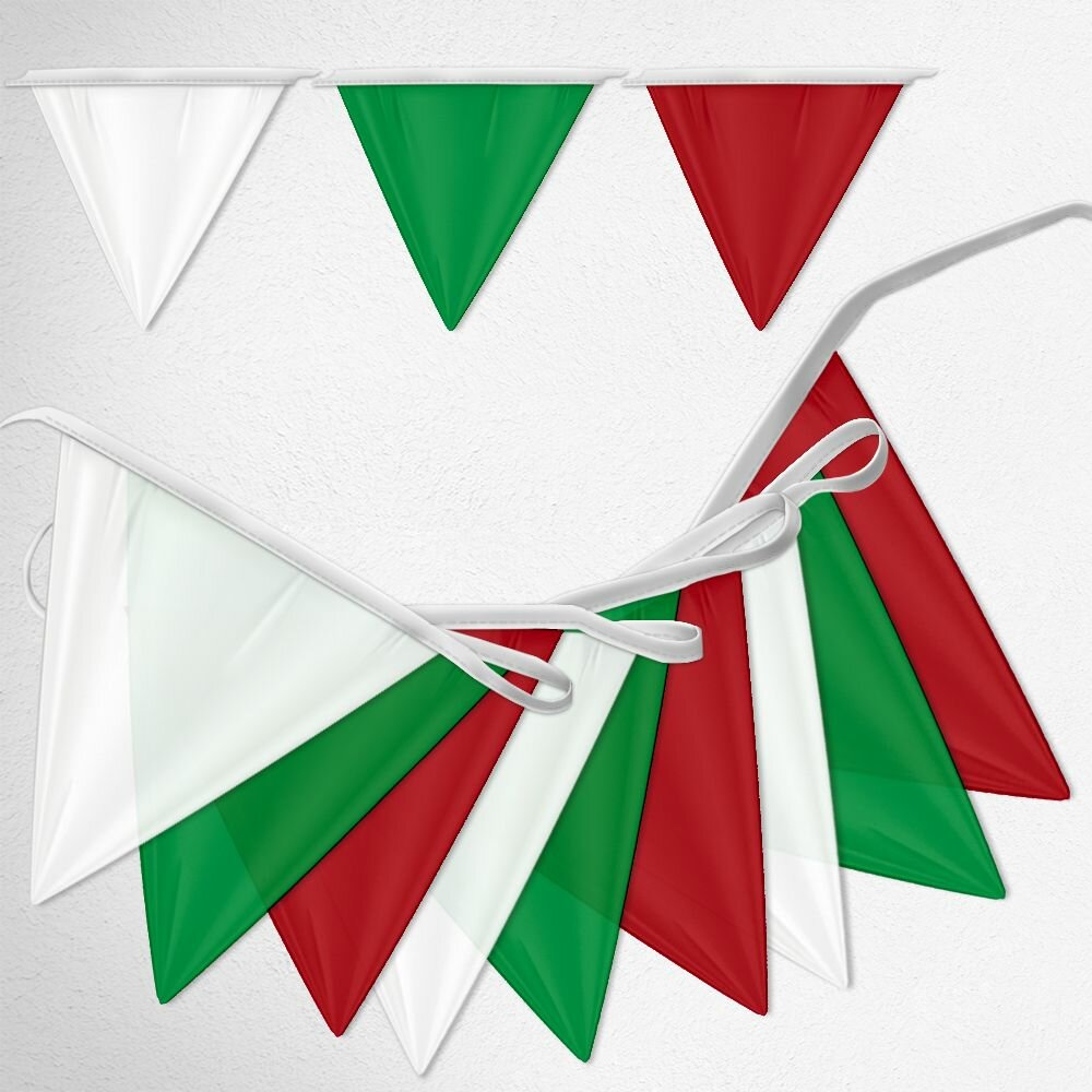 Флажная лента итальянская из белых, зеленых, красных треугольных флажков / флажковая лента / 10 м.