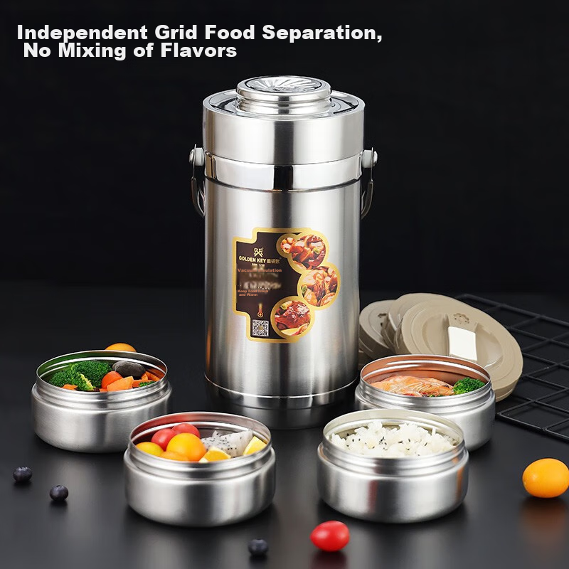 Golden Key 304 Stainless Steel Vacuum Insulated Lunch Box, Classic 2.6L Four-Compartment Thermal Food Container, GK-JBD2600T