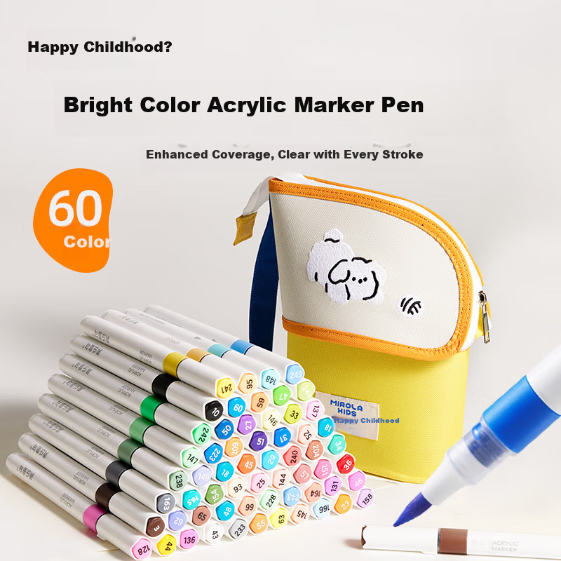 Meletongnian Children's Direct Liquid Acrylic Markers, 60 Colors, Watercolor Pens, Non-Toxic, Washable, Non-Bleeding, Stackable, Soft Tip Brushes, Elementary School Student Birthday Gift