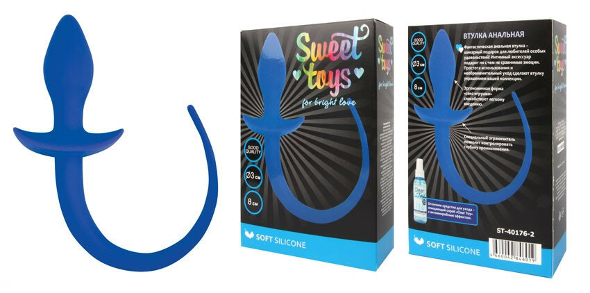 Анальная пробка Sweet Toys c хвостом из силикона синяя, D 30мм