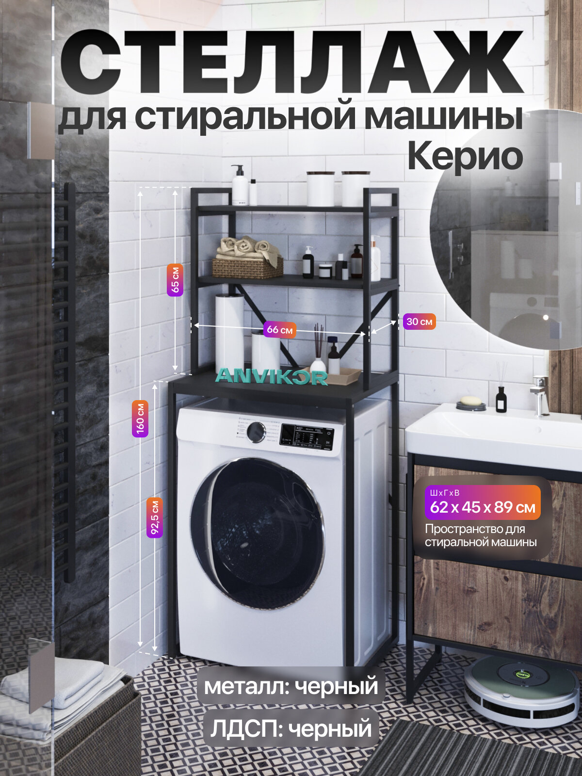 Металлический стеллаж для стиральной машины в стиле лофт Керио черный