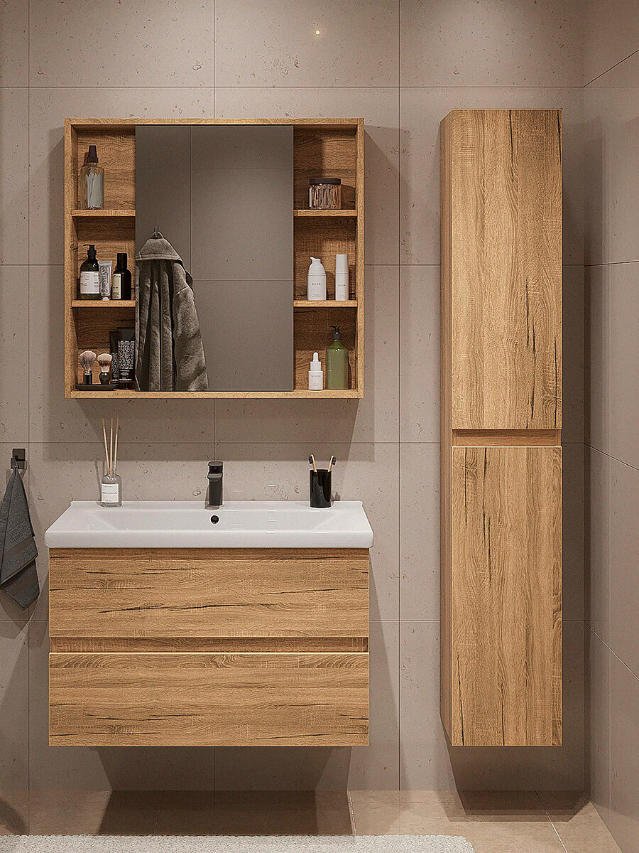 Тумба подвесная SanStar Lavanti 80 с раковиной Миранда 80 (комплект) для ванной комнаты Дуб вотан