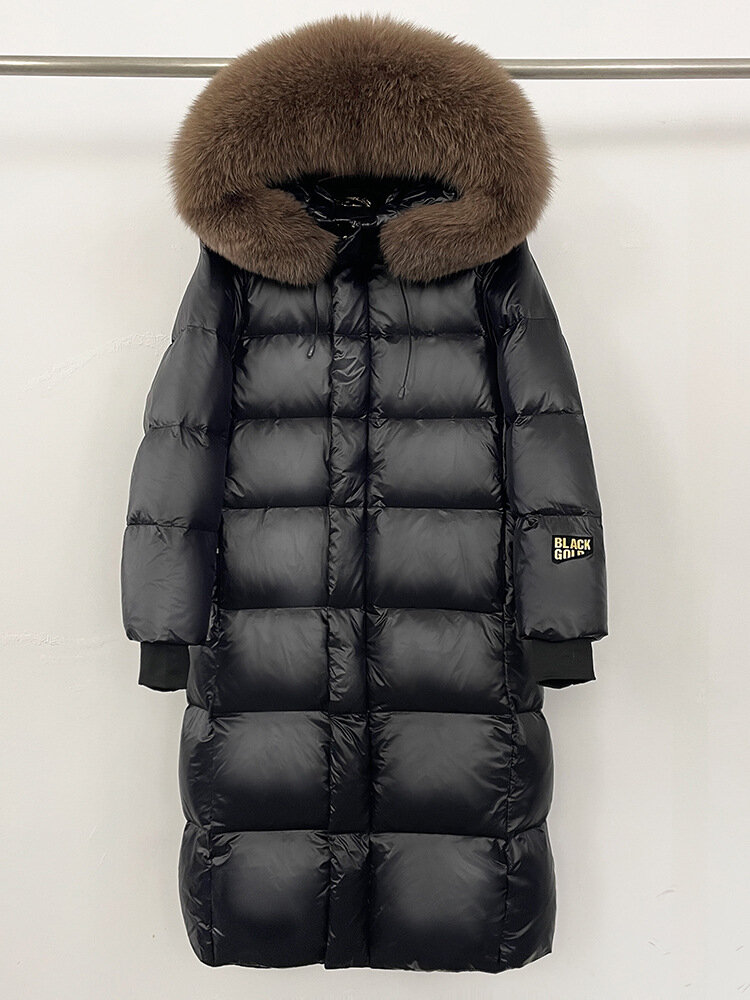 2025 г. Новая утолщенная куртка-пуховик для женщин, длинная, черная, золотая и белая, из утиного пуха, высококачественная зимняя куртка с большим меховым воротником, защищающая от холода