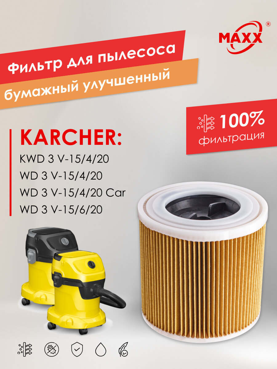 Патронный фильтр PRO бумажный улучшенный для пылесоса Karcher KWD 3 V-15/4/20, WD 3 V-15/4/20, WD 3 V-15/6/20
