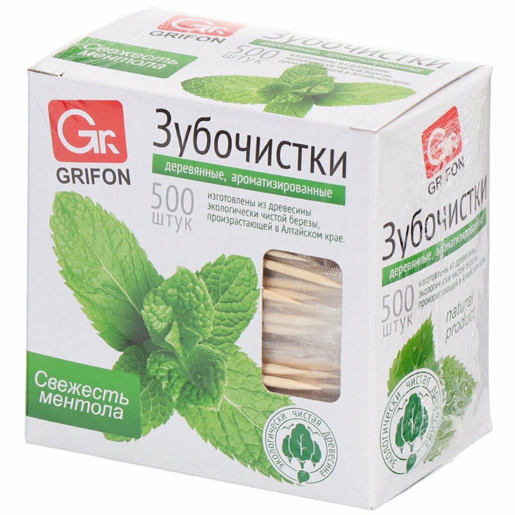 Зубочистки деревянные Grifon 500 шт с ментолом, Россия, артикул 400-513