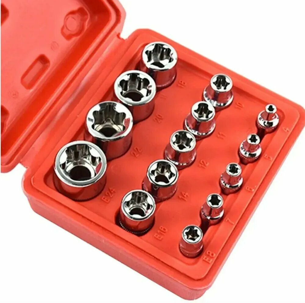 Набор головок E-Torx, 1/4", 3/8" и 1/2", хромированные, 14шт