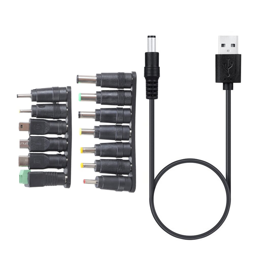 Кабель питания 5V DC5521 от USB до DC5.5x2.1 мм, Зарядный Шнур с 13 Сменными Разъемами для Бытовой Техники