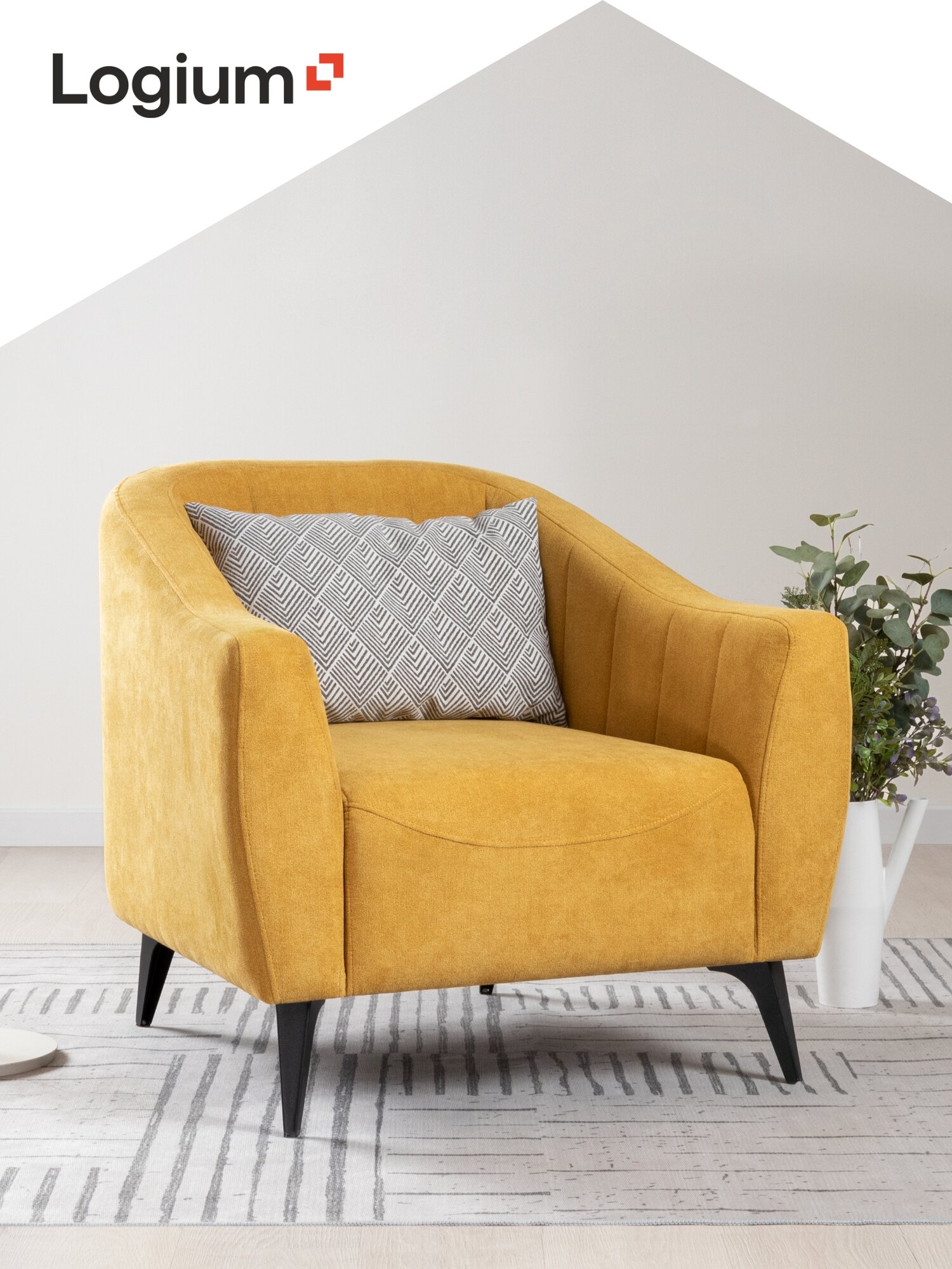 Кресло в гостиную Боне 03.07 Велюр Happy 560 (горчичный), Лофт 1 рогожка (ромб бело-серый)
