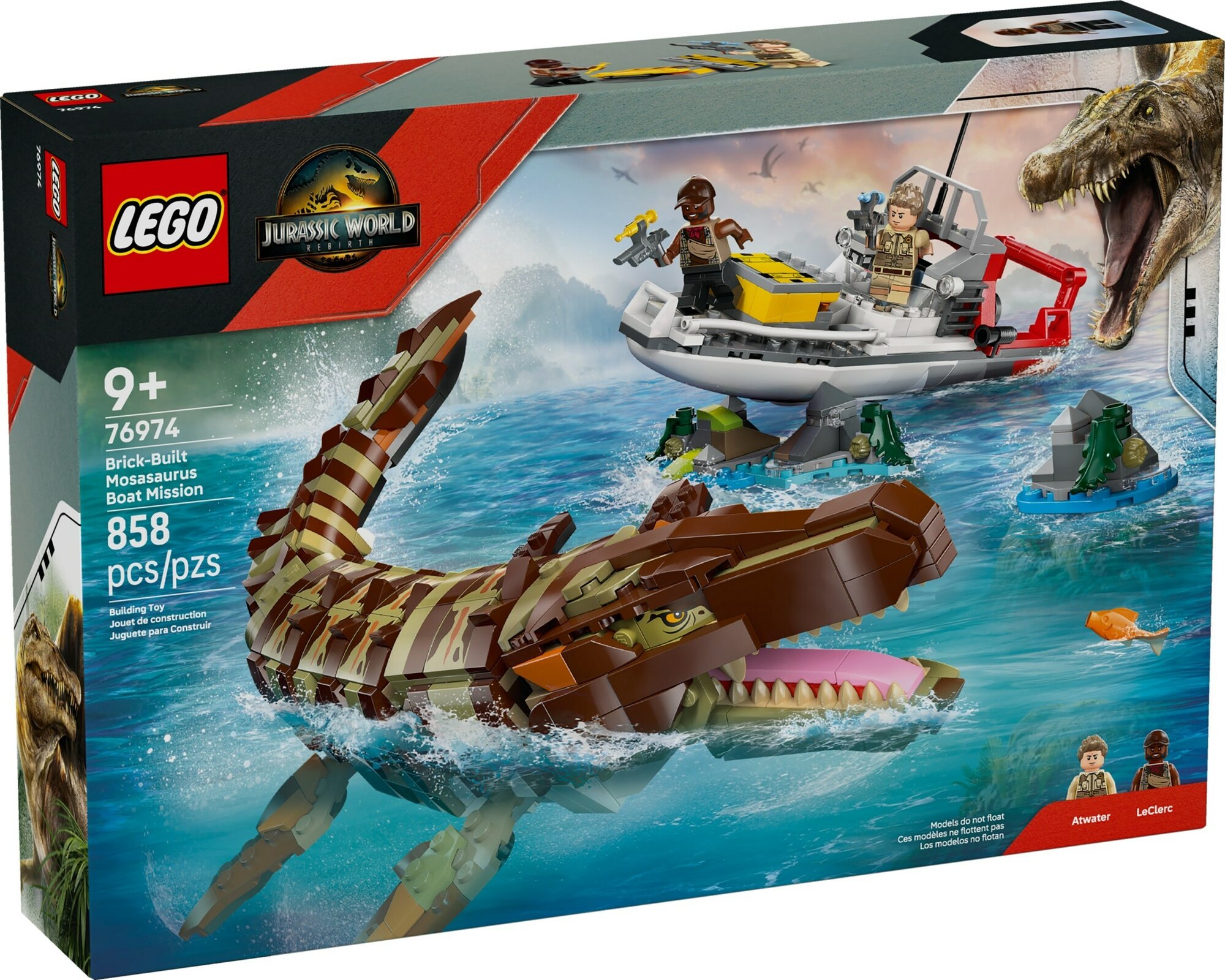 Конструктор LEGO Jurassic World 76974 Миссия по созданию кирпичной лодки Мозазавр, 858 деталей, возраст от 9+