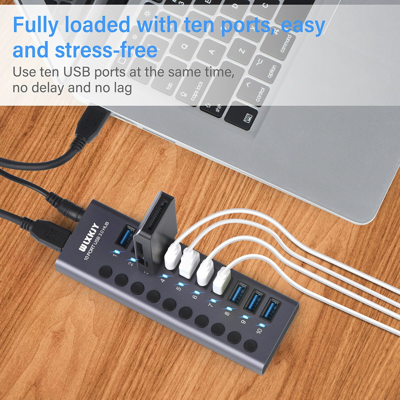 Концентратор USB 3.0 с питанием, 10-портовый разветвитель данных индивидуальным переключателем ВКЛ/выкл и удлинителем адаптера питания 5 В, 0,5 А