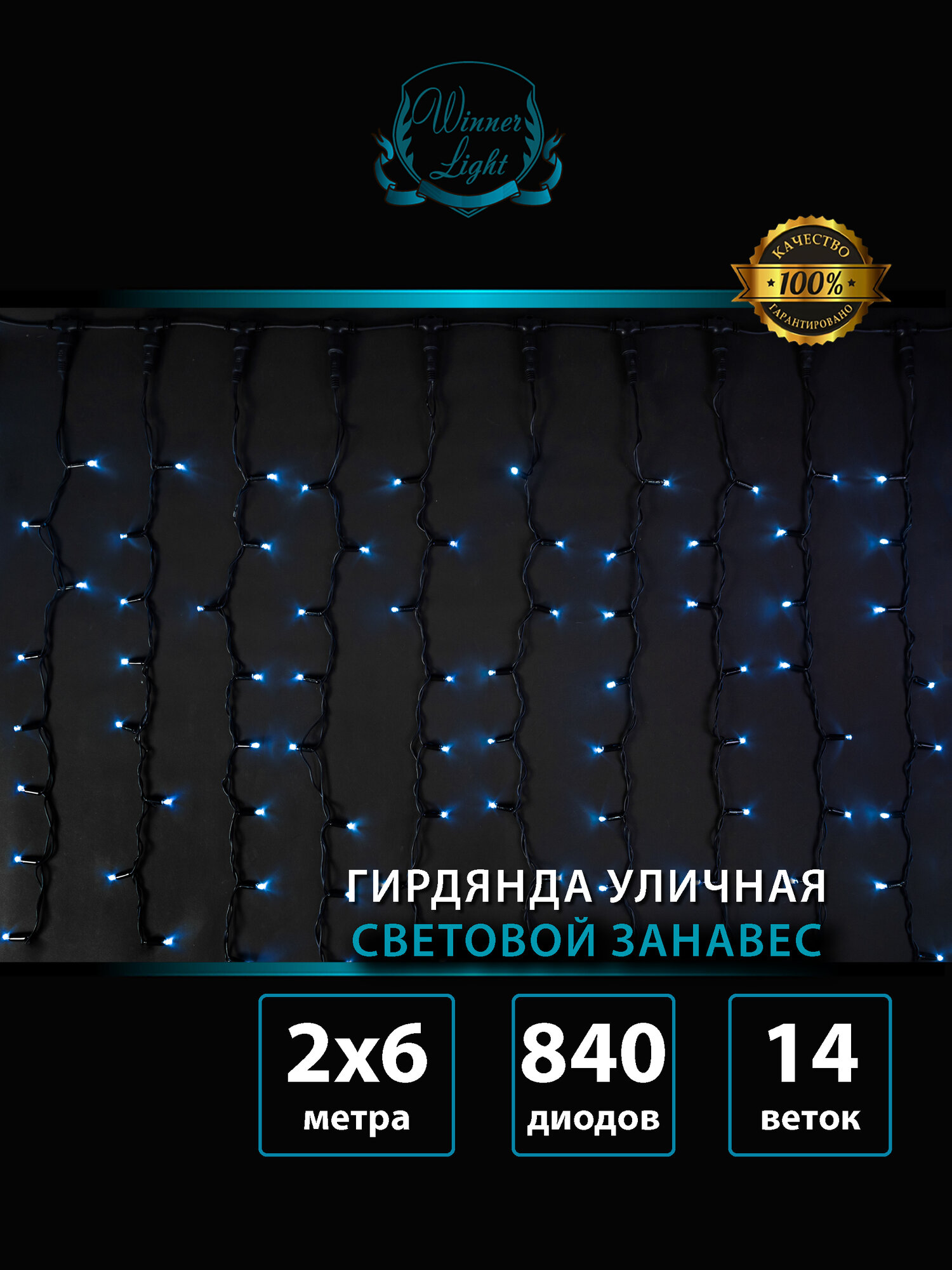 Светодиодная гирлянда уличная штора 2х6 метров на дом Белая от сети 840 лампочек новогодняя, Winner light