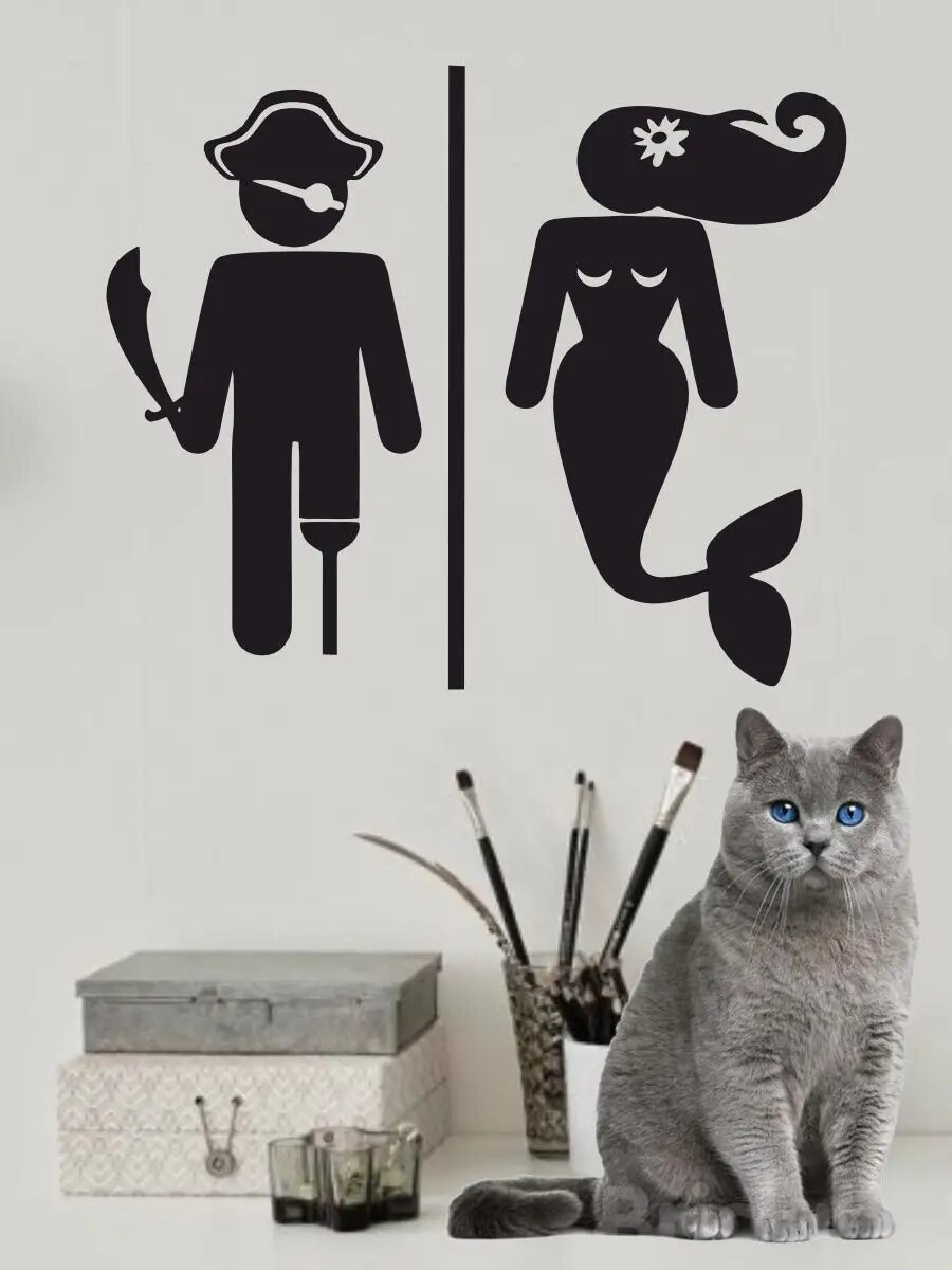 Наклейка на стену для декора Указатель WC Пират Русалка