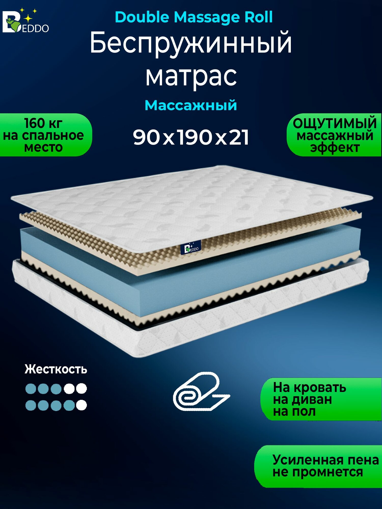 Матрас 90х190 беспружинный BEDDO Double Massage Roll 21 см, ортопедический с массажной пеной, двусторонний, в рулоне