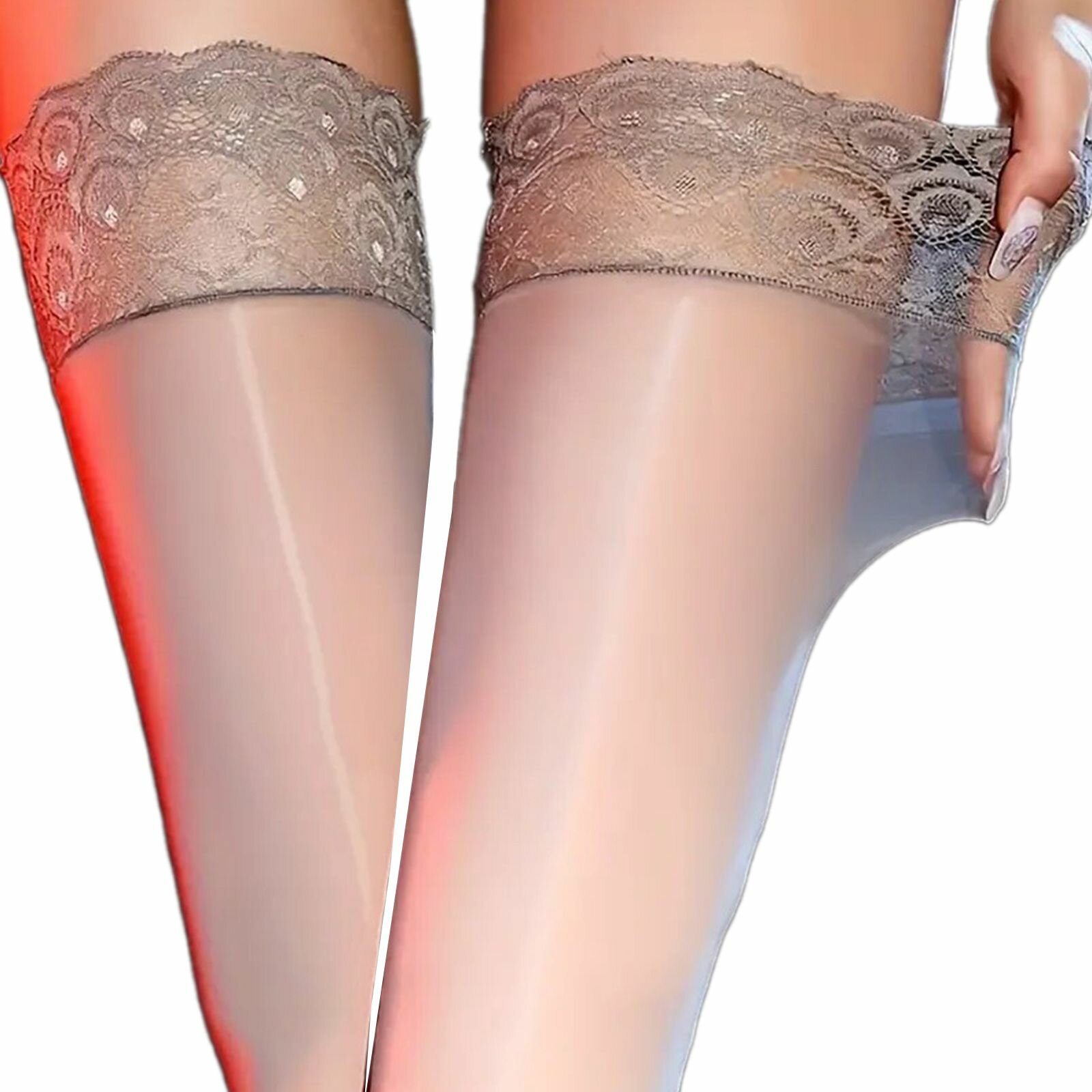 Блестящие эластичные чулки до бедра с кружевной отделкой и антискользящей поверхностью