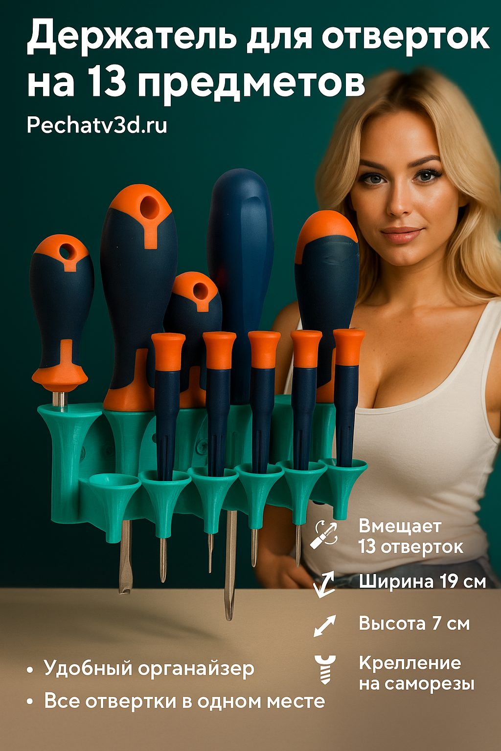 Настенный держатель для отверток, бирюзовый, 13 отсеков, пластик