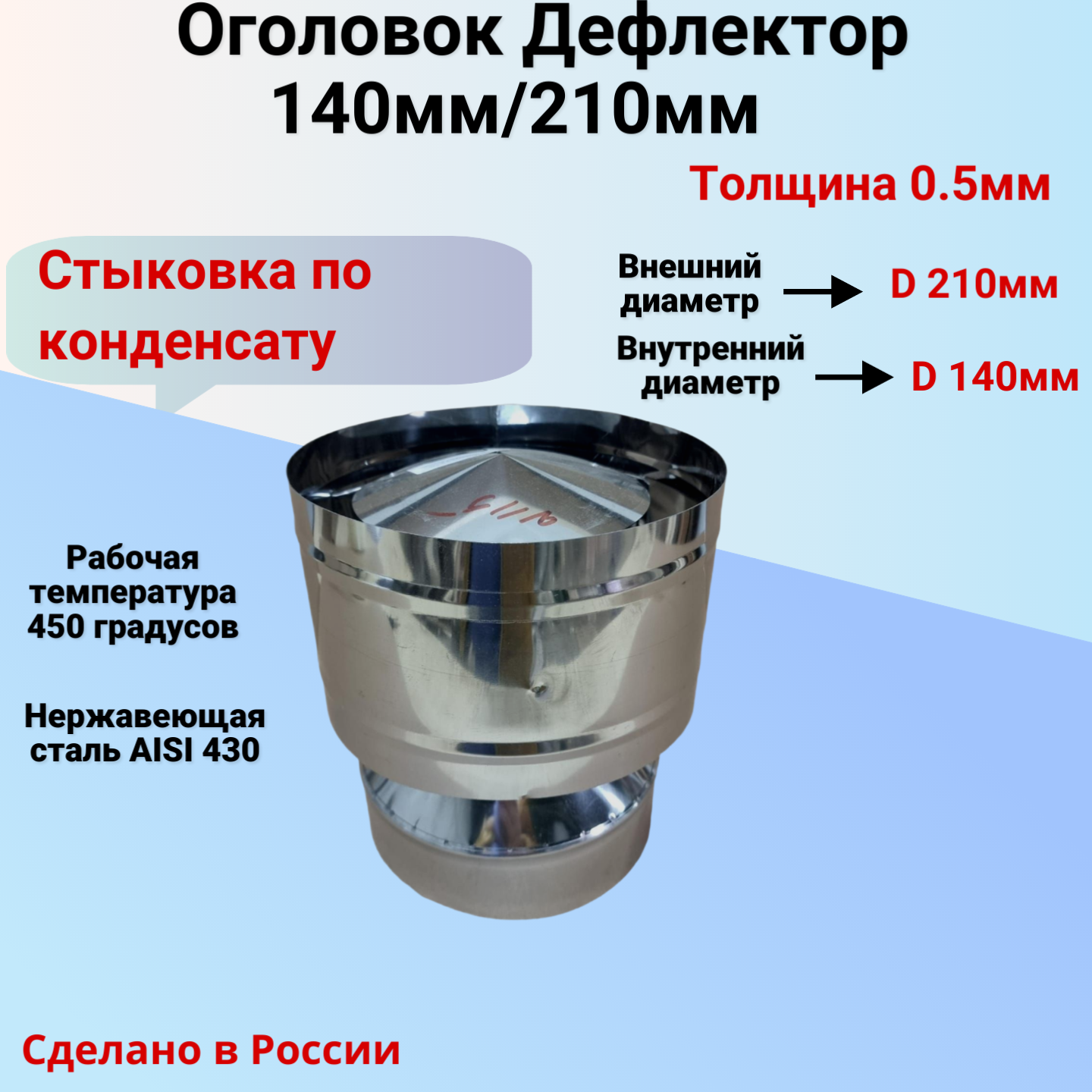 Дефлектор-оголовок, нержавеющая сталь AISI 430, 0.5 мм, 140 мм/210 мм