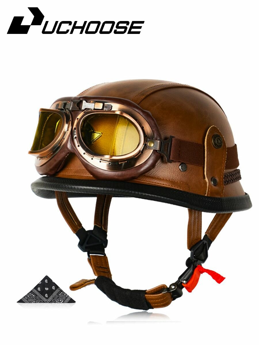 Кожаный мотоциклетный шлем с защитными очками
