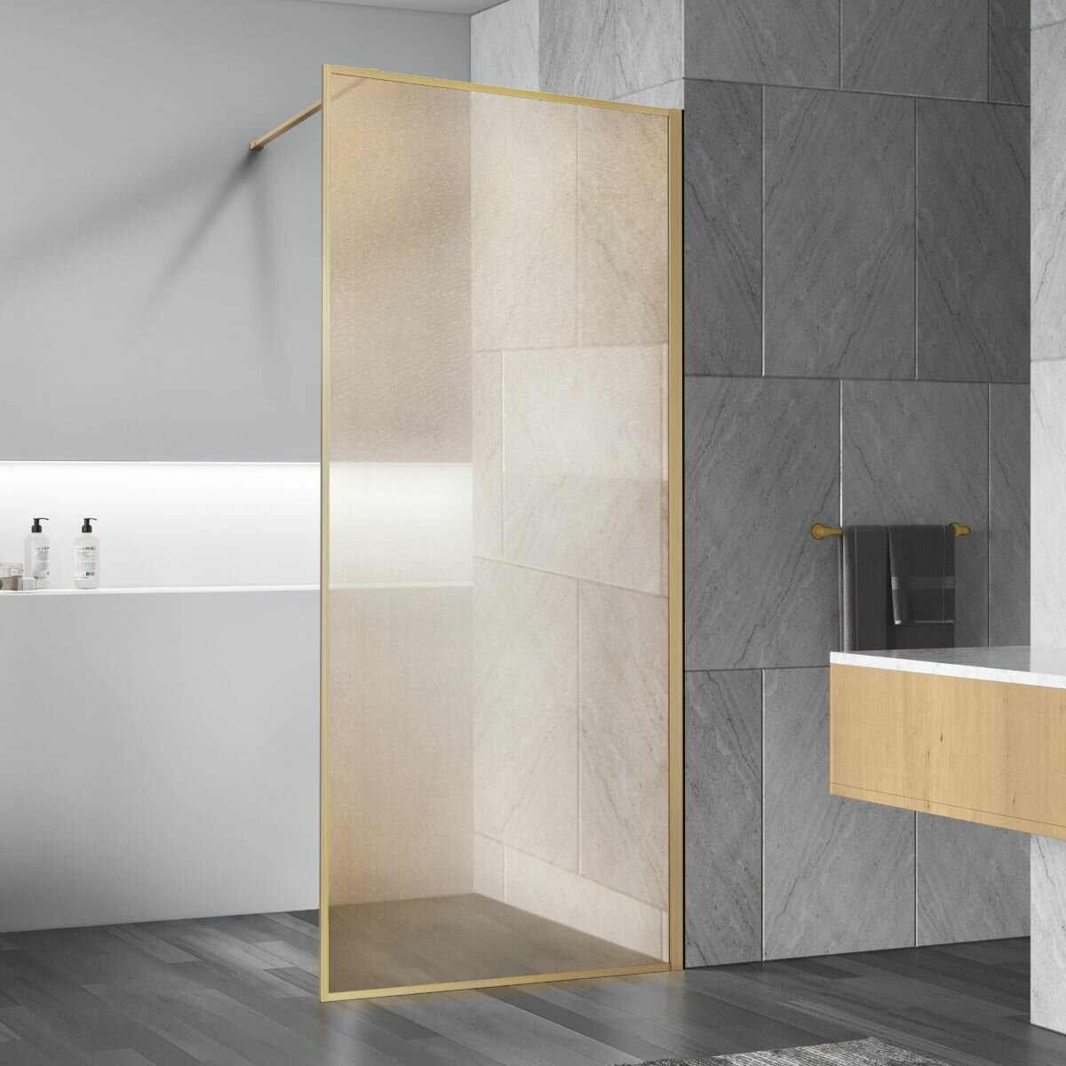 Душевая перегородка Vincea Walk-In VSW-1HP120GWBG, 1200*2000, браш. золото, стекло ламинированное с золотыми нитями