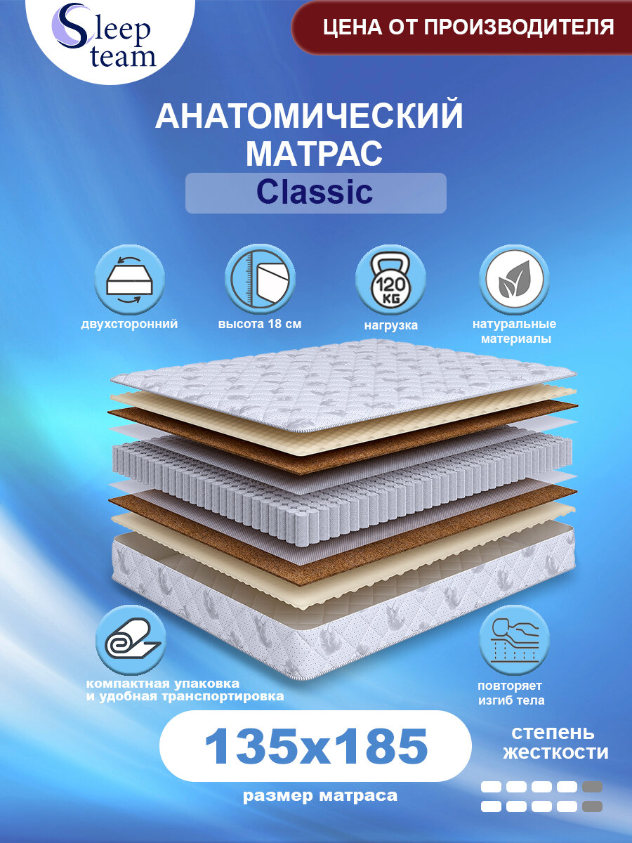 Матрас SleepTeam Classic 135х185, пружинный с массажным эффектом, высота 20 см, полутороспальный