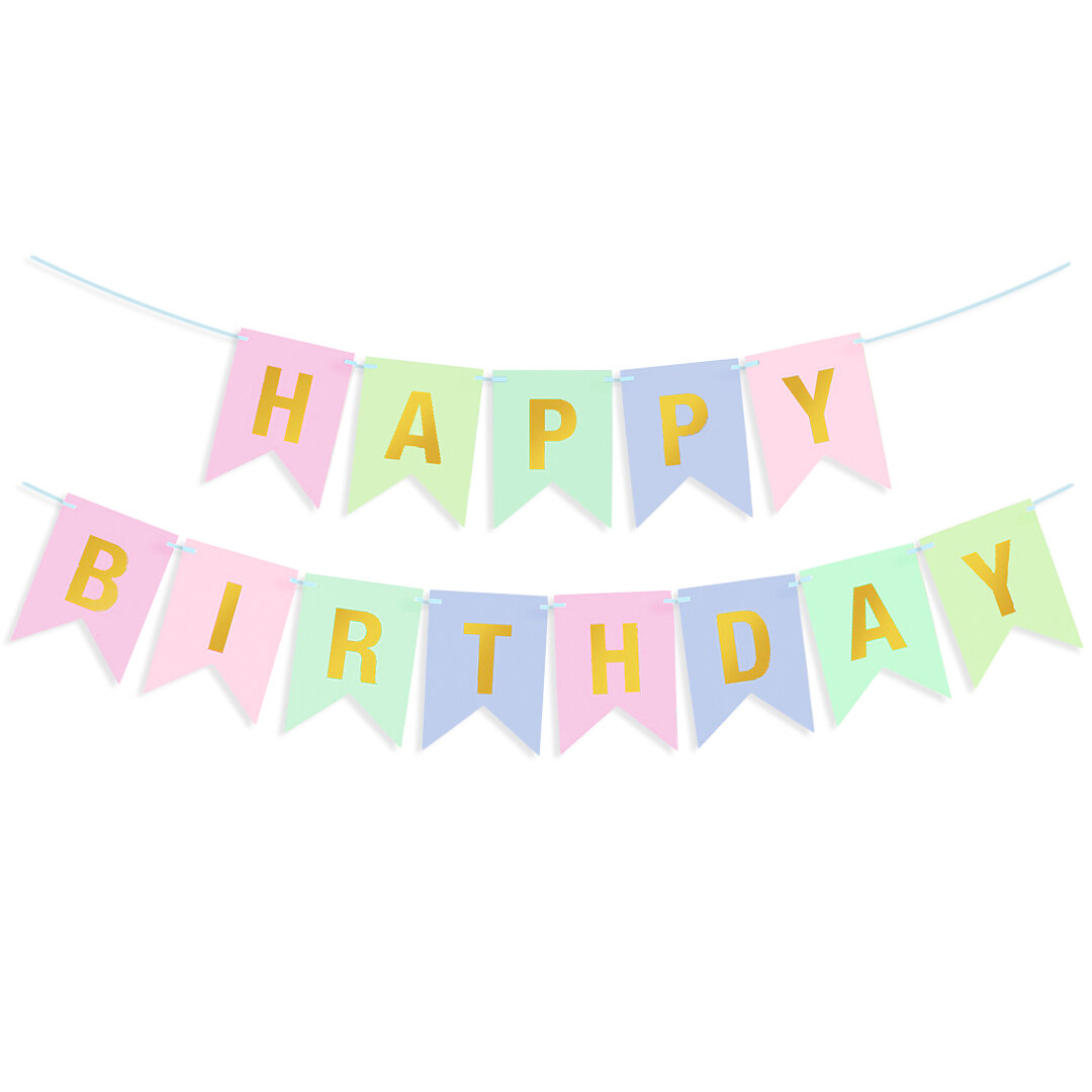 Гирлянда Волна веселья "Happy Birthday", флажки, Пастельный микс, Металлик, 500 см, 16х12 см