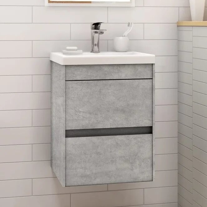 Тумба с раковиной Art&Max Family подвесная, 40, 2 см, серая, матовая, с ящиками, раковина для ванной из искусственного мрамора, прямоугольная, лофт