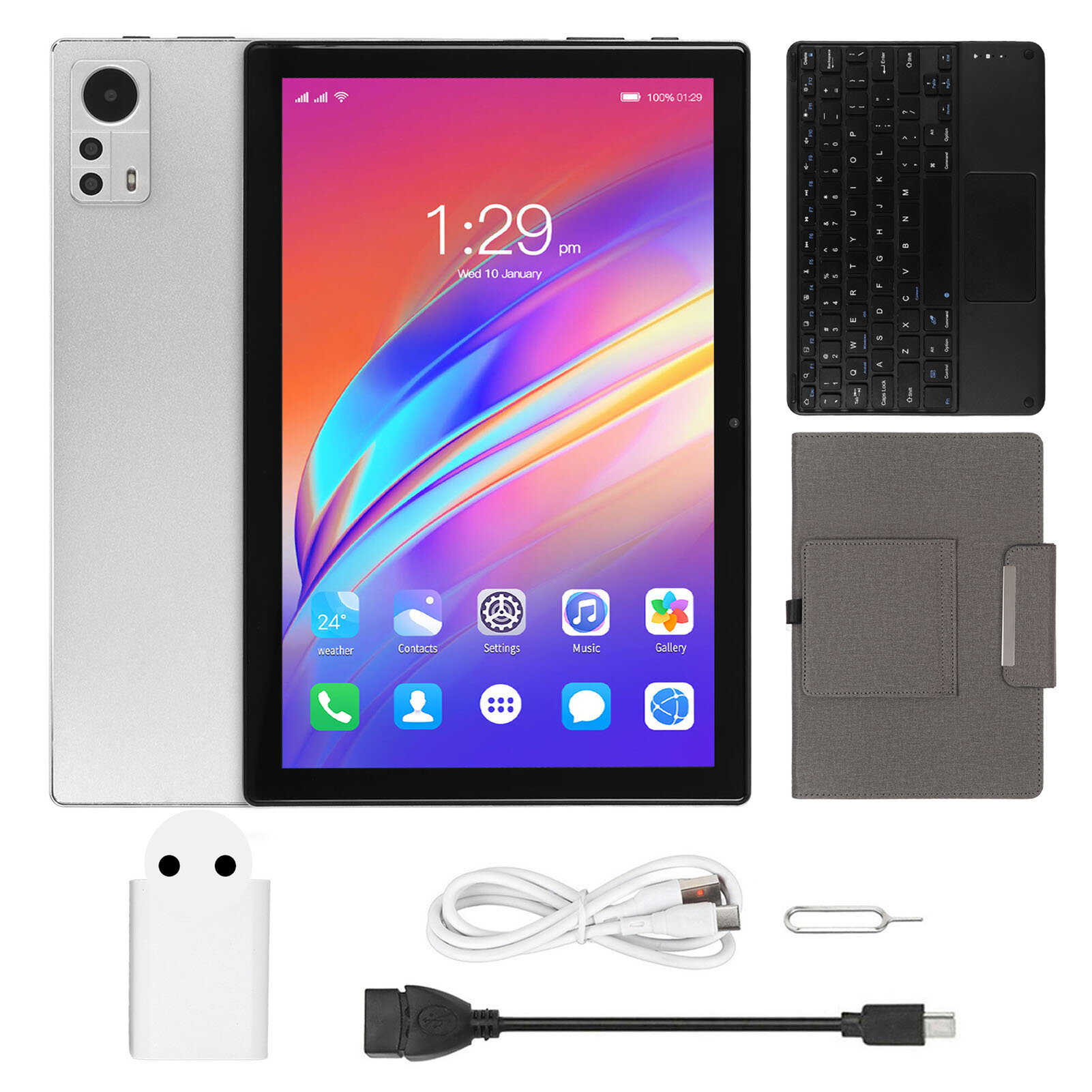 Планшет 2 в 1, 10,1", Android 12, клавиатура, 8 ядер, 8 ГБ, 256 ГБ, 5G Wi-Fi, 4G, FHD, серебро, евророзетка