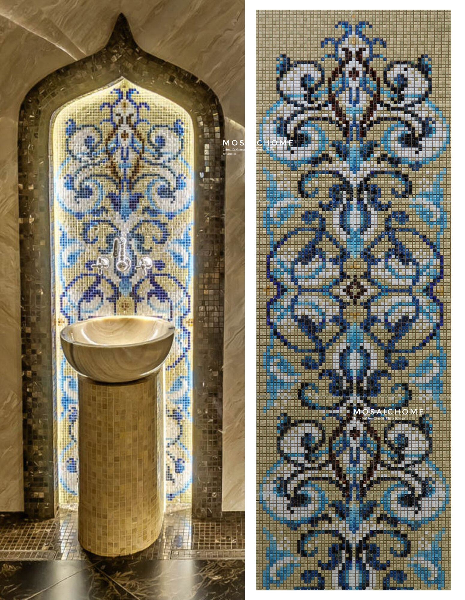 Панно MosaicHome "Восточный узор 10.05" - 1 арка, матричное панно из мозаики для ванной комнаты, хамама, содержит золото