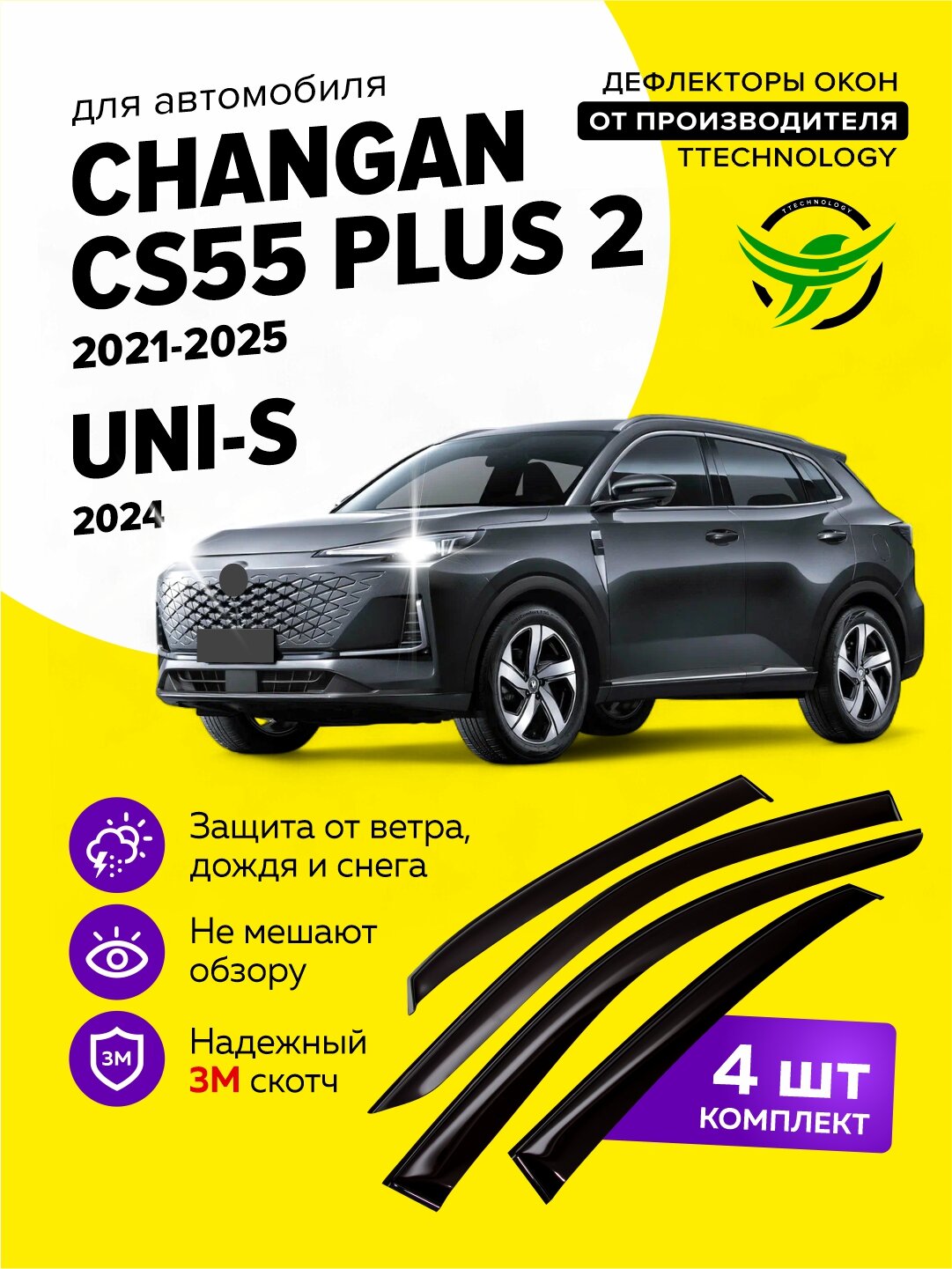 Дефлекторы боковых окон Changan CS55 PLUS 2 (Чанган ЦС55 плюс) 2021-2025, UNI-S (Юни S) 2024, 2025, ветровики на двери автомобиля, ТТ
