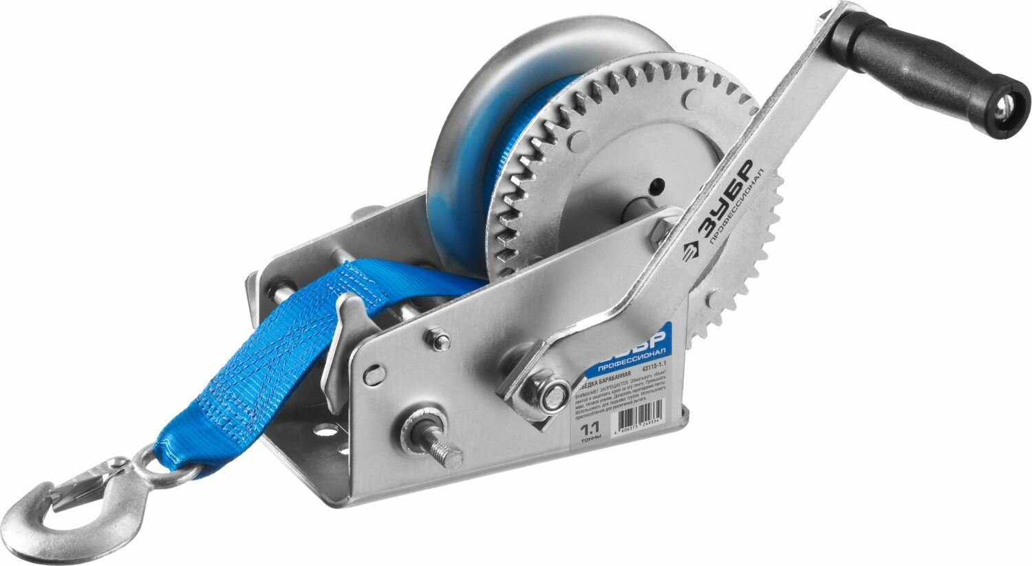 Тяговая барабанная лебедка ЗУБР, 1.1 т, 10 м, ручная, профессиональная, ленточная 43115-1.1