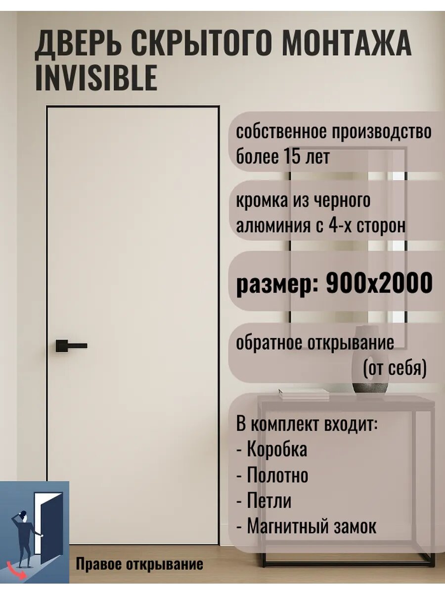 Скрытая дверь с коробкой INVISIBLE AL черный 2000x900, правое (от себя)