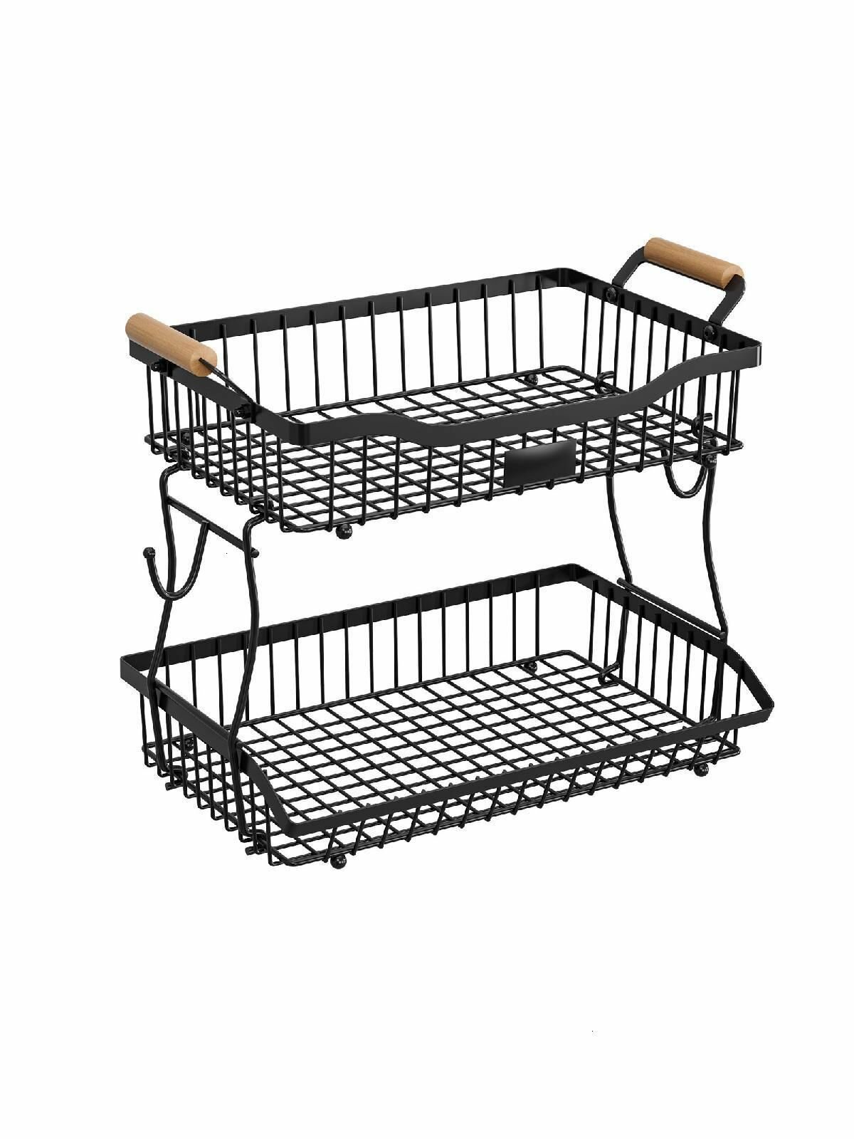 Стеллаж для ванной, Двухслойная подставка для фруктов и овощей из кованого железа-черный