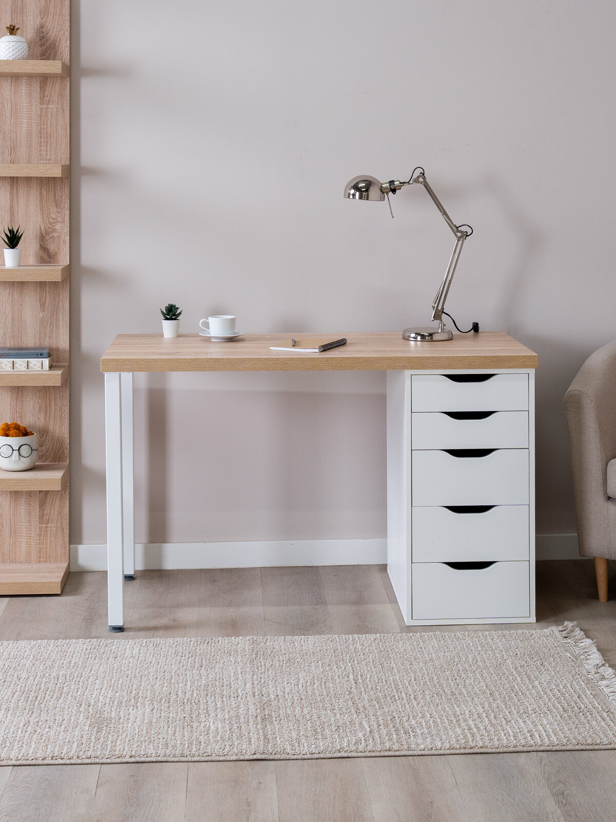 Стол письменный ГУД лакк Ингар, 5 ящиков, 120х75х55 см, белый, столешница дуб беленый