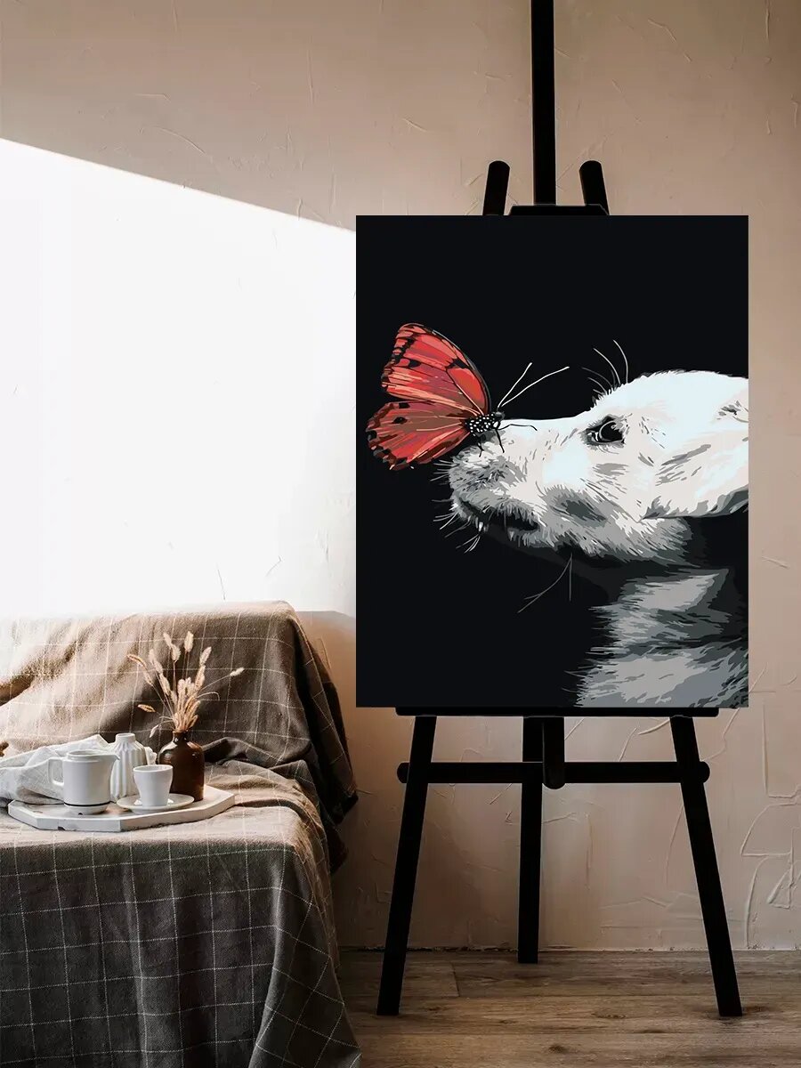 Картина по номерам Белая Собака с Бабочкой на Носу Животное