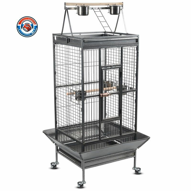 Прочная стальная клетка для крупных попугаев и птиц на колесах, с выдвижным поддоном и выгульной крышей, черный металлик, 830х770х1720 мм