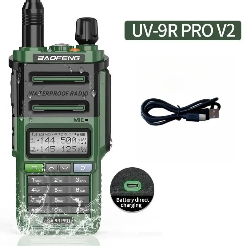 Baofeng UV-9R PRO V2 Водонепроницаемая рация, Green, Usb plug