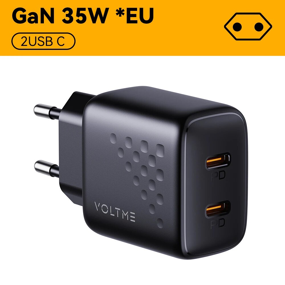 Зарядное устройство VOLTME USB C, 35 Вт, зарядное устройство GaN Type C PD для быстрой зарядки 4,0 3,0 Для IPhone 15 14 13 Pro Max, зарядное устройство PD USB для Samsung, 35W CC EU Black