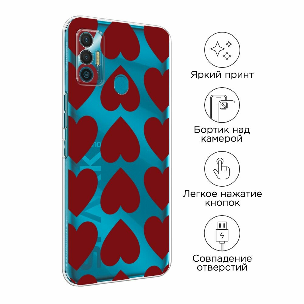 Чехол на Tecno Spark 7 / Техно Спарк 7 с принтом "Ряды сердечек паттерн - 14 февраля", прозрачный — фото 1