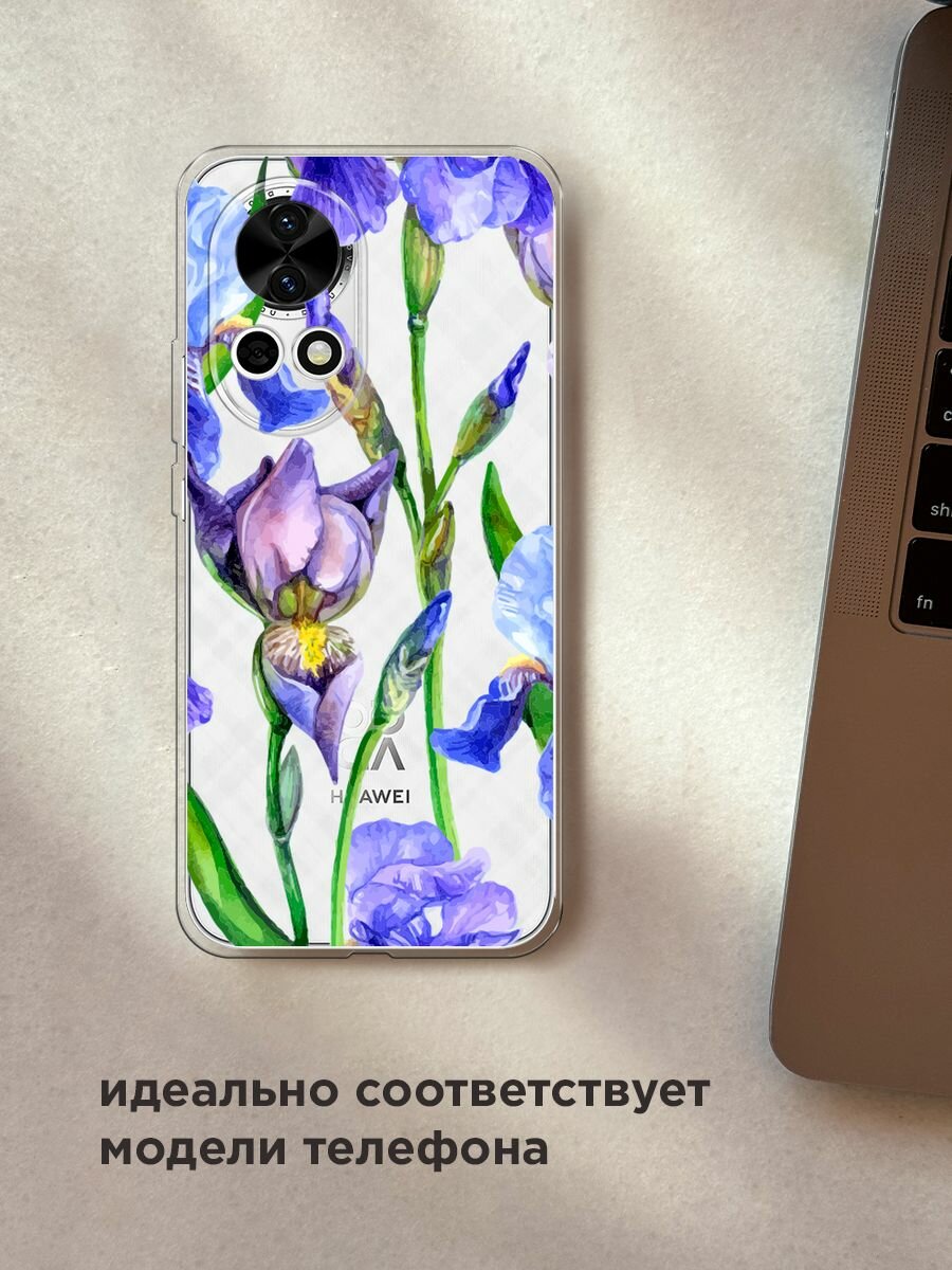 Чехол на Huawei Nova 12/Nova13 / Хуавей Нова 12/Нова 13 с принтом "Синие ирисы", прозрачный — фото 1