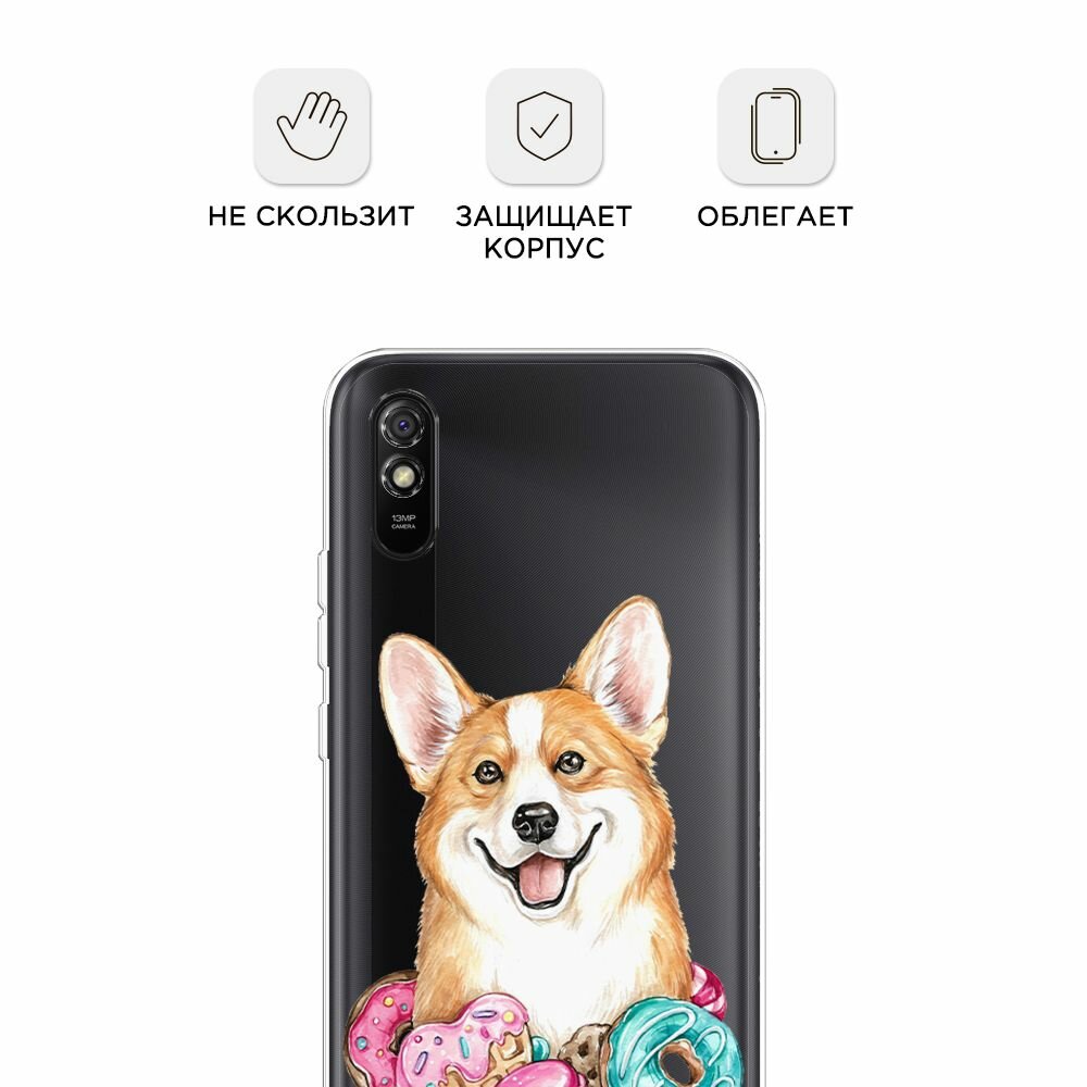 Чехол на Xiaomi Redmi 9A / Сяоми Редми 9А с принтом "Корги и сладости", прозрачный — фото 1