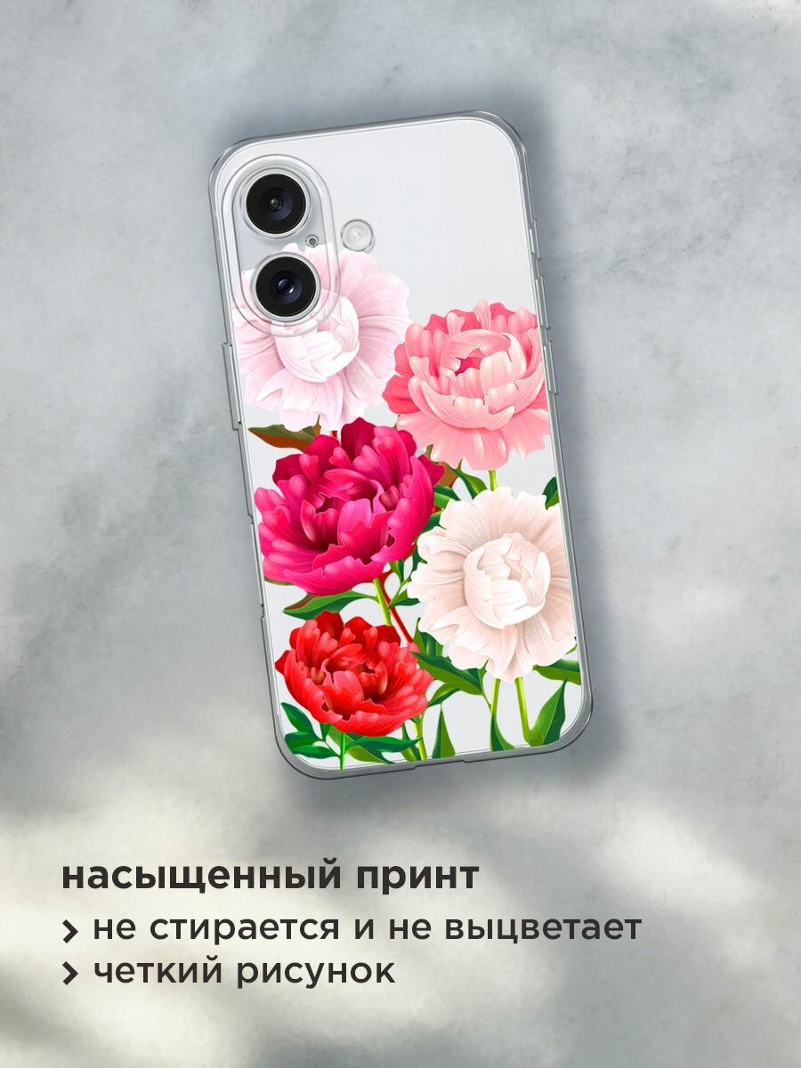 Чехол на Apple iPhone 16 / Айфон 16 с принтом "Большие пионы", прозрачный — фото 1