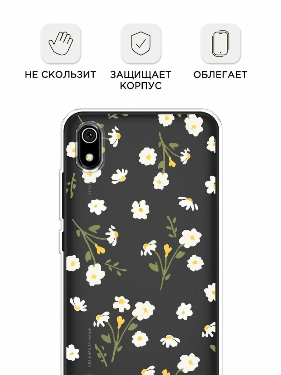 Чехол на Xiaomi Redmi 7A / Сяоми Редми 7А с принтом "Пучки ромашек паттерн", прозрачный — фото 1