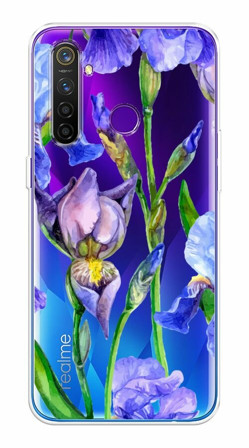 Чехол на Realme 5 Pro / Реалми 5 Про с принтом "Синие ирисы", прозрачный