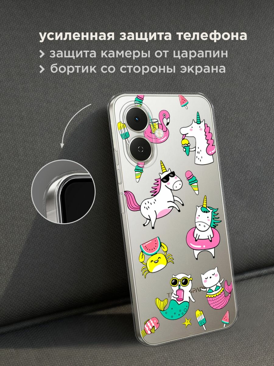 Чехол на Tecno Spark Go 2 / Текно Спарк Го 2 с принтом "Единороги в отпуске", прозрачный — фото 1