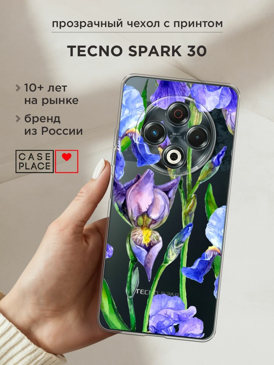 Чехол на Tecno Spark 30 / Текно Спарк 30 с принтом "Синие ирисы", прозрачный